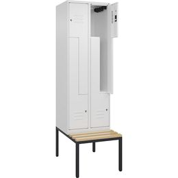 C+P Z-Spind Classic PLUS Sitzbank, 2 Abteile, verkehrsweiß, B 600 mm, Zylinderschloss, untergebaut, Buche-Hartholz