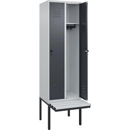 C+P Spind Classic PLUS Sitzbank, 2 Abteile, lichtgrau / grau, B 600 mm, Sicherheits-Drehriegel, auskragend, Kunststoff