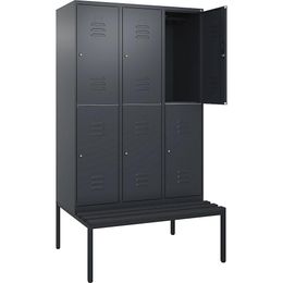 C+P Doppelstock-Spind Classic PLUS Sitzbank, 3 Abteile, grau, B 1200 mm, Zylinderschloss, untergebaut, Kunststoff