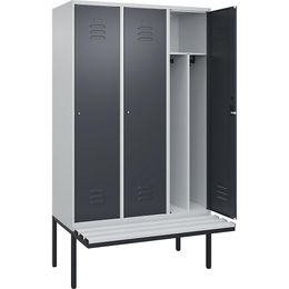 C+P Schwarz-Weiß-Spind Classic PLUS Sitzbank, schmal, 3 Abteile, Trennwand verkürzt, lichtgrau / grau, B 1200 mm, Zylinderschloss, auskragend, Kunststoff