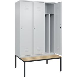 C+P Schwarz-Weiß-Spind Classic PLUS Sitzbank, schmal, 3 Abteile, Trennwand verkürzt, lichtgrau, B 1200 mm, Zylinderschloss, untergebaut, Buche-Hartholz