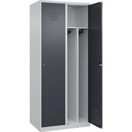 C+P Schwarz-Weiß-Spind Classic PLUS, schmal, 2 Abteile, Trennwand verkürzt, lichtgrau / grau, B 800 mm, mit Bodengleitern, Zylinderschloss, Trennwand mittig