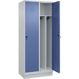 C+P Schwarz-Weiß-Spind Classic PLUS, schmal, 2 Abteile, Trennwand verkürzt, lichtgrau / fernblau, B 800 mm, mit Bodensockel, Drehriegel, Trennwand mittig