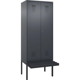 Schwarz-Weiß-Spind Evolo PLUS Sitzbank, 2 Abteile, Trennwand verkürzt, grau, B 800 mm, Zylinderschloss, mit auskragender Sitzbank, Kunststoff kaiserkraft