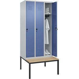 C+P Spind Classic PLUS Sitzbank, 3 Abteile, lichtgrau / fernblau, B 900 mm, Sicherheits-Drehriegel, untergebaut, Buche-Hartholz