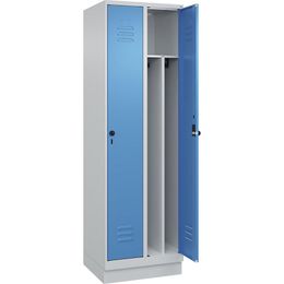 C+P Schwarz-Weiß-Spind Classic PLUS, schmal, 2 Abteile, Trennwand verkürzt, lichtgrau / lichtblau, B 600 mm, mit Bodensockel, Drehriegel, Trennwand mittig