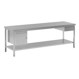 eurokraft basic Edelstahl-Arbeitstisch, 1 Unterbauschrank, 1 Schublade, 1 Fachboden voll, Breite 2400 mm