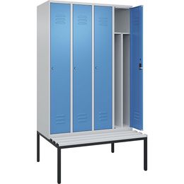 C+P Schwarz-Weiß-Spind Classic PLUS Sitzbank, schmal, 4 Abteile, Trennwand verkürzt, lichtgrau / lichtblau, B 1200 mm, Zylinderschloss, untergebaut, Kunststoff