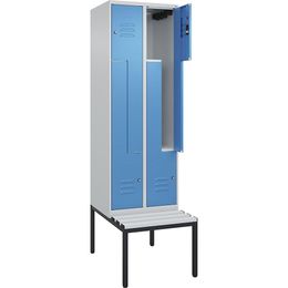 C+P Z-Spind Classic PLUS Sitzbank, 2 Abteile, lichtgrau / lichtblau, B 600 mm, Zylinderschloss, untergebaut, Kunststoff