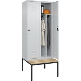 C+P Schwarz-Weiß-Spind Classic PLUS Sitzbank, schmal, 2 Abteile, Trennwand verkürzt, lichtgrau, B 800 mm, Sicherheits-Drehriegel, untergebaut, Buche-Hartholz