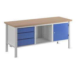 Werkbank, Breite 2000 mm, 3 Schubladen 1 x 125 / 2 x 175 mm, 1 Tür 475 mm, lichtgrau/enzianblau kaiserkraft