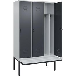 C+P Schwarz-Weiß-Spind Classic PLUS Sitzbank, schmal, 3 Abteile, Trennwand verkürzt, lichtgrau / grau, B 1200 mm, Sicherheits-Drehriegel, auskragend, Kunststoff