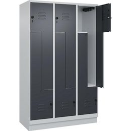 C+P Z-Spind Classic PLUS, 3 Abteile, lichtgrau / grau, B 1200 mm, mit Bodensockel, Drehriegel