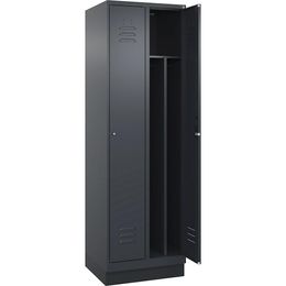 C+P Schwarz-Weiß-Spind Classic PLUS, schmal, 2 Abteile, Trennwand verkürzt, grau, B 600 mm, mit Bodensockel, Zylinderschloss, Trennwand mittig