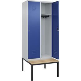 C+P Spind Classic PLUS Sitzbank, 2 Abteile, lichtgrau / enzianblau, B 800 mm, Zylinderschloss, untergebaut, Buche-Hartholz