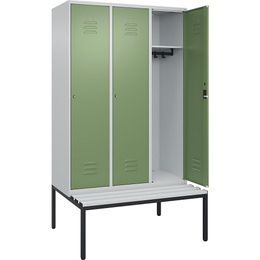 C+P Spind Classic PLUS Sitzbank, 3 Abteile, lichtgrau / resedagrün, B 1200 mm, Zylinderschloss, untergebaut, Kunststoff