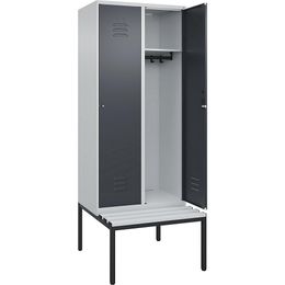 C+P Spind Classic PLUS Sitzbank, 2 Abteile, lichtgrau / grau, B 800 mm, Zylinderschloss, untergebaut, Kunststoff