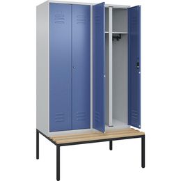 C+P Schwarz-Weiß-Spind Classic PLUS Sitzbank, 2 Abteile, lichtgrau / fernblau, B 1200 mm, Zylinderschloss, untergebaut, Buche-Hartholz