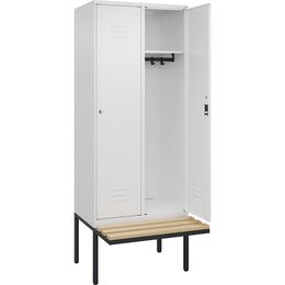 C+P Spind Classic PLUS Sitzbank, 2 Abteile, verkehrsweiß, B 800 mm, Zylinderschloss, auskragend, Buche-Hartholz