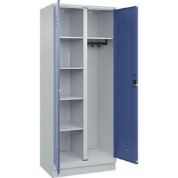 C+P Putzmittelspind Classic PLUS, 1 Abteil, Trennwand mittig, lichtgrau / fernblau, B 800 mm, mit Bodensockel, Zylinderschloss
