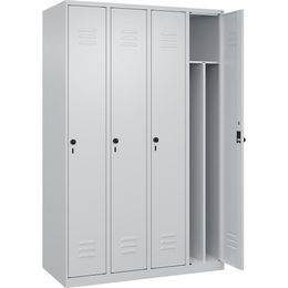 C+P Schwarz-Weiß-Spind Classic PLUS, schmal, 4 Abteile, Trennwand verkürzt, lichtgrau, B 1200 mm, mit Bodengleitern, Drehriegel, Trennwand mittig