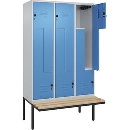 C+P Z-Spind Classic PLUS Sitzbank, 3 Abteile, lichtgrau / lichtblau, B 1200 mm, Sicherheits-Drehriegel, auskragend, Buche-Hartholz