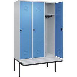 C+P Spind Classic PLUS Sitzbank, 3 Abteile, lichtgrau / lichtblau, B 1200 mm, Sicherheits-Drehriegel, auskragend, Kunststoff