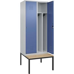 C+P Schwarz-Weiß-Spind Classic PLUS Sitzbank, schmal, 2 Abteile, Trennwand verkürzt, lichtgrau / fernblau, B 800 mm, Zylinderschloss, untergebaut, Buche-Hartholz