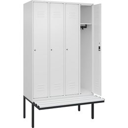 C+P Spind Classic PLUS Sitzbank, 4 Abteile, verkehrsweiß, B 1200 mm, Zylinderschloss, auskragend, Kunststoff