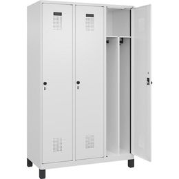 Schwarz-Weiß-Spind Evolo PLUS, schmal, 3 Abteile, Trennwand verkürzt, weiß, B 1200 mm, mit breiten Füßen, Sicherheits-Drehriegel kaiserkraft