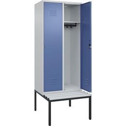 C+P Spind Classic PLUS Sitzbank, 2 Abteile, lichtgrau / fernblau, B 800 mm, Zylinderschloss, untergebaut, Kunststoff