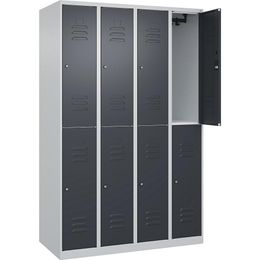 C+P Doppelstock-Spind Classic PLUS, 4 Abteile, lichtgrau / grau, HxB 1850 x 1200 mm, mit Bodengleitern, Zylinderschloss