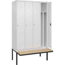 C+P Schwarz-Weiß-Spind Classic PLUS Sitzbank, schmal, 4 Abteile, Trennwand verkürzt, verkehrsweiß, B 1200 mm, Zylinderschloss, auskragend, Buche-Hartholz