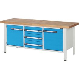 eurokraft pro Werkbank, Gestellbauweise Serie 8000, 3 Schubladen 180 mm, 2 Türen 540 mm, BxT 2000 x 700 mm
