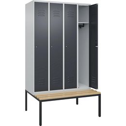 C+P Spind Classic PLUS Sitzbank, 4 Abteile, lichtgrau / grau, B 1200 mm, Zylinderschloss, untergebaut, Buche-Hartholz