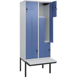 C+P Z-Spind Classic PLUS Sitzbank, 2 Abteile, lichtgrau / fernblau, B 800 mm, Sicherheits-Drehriegel, auskragend, Kunststoff
