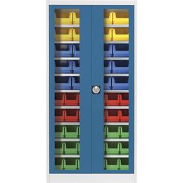 Mauser Sichtfenster-Flügeltürenschrank, mit 50 Sichtlagerkästen, lichtgrau / brillantblau