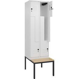 C+P Z-Spind Classic PLUS Sitzbank, 2 Abteile, verkehrsweiß, B 600 mm, Sicherheits-Drehriegel, untergebaut, Buche-Hartholz