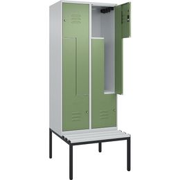 C+P Z-Spind Classic PLUS Sitzbank, 2 Abteile, lichtgrau / resedagrün, B 800 mm, Zylinderschloss, untergebaut, Kunststoff