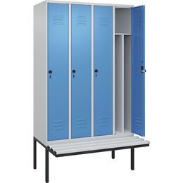 C+P Schwarz-Weiß-Spind Classic PLUS Sitzbank, schmal, 4 Abteile, Trennwand verkürzt, lichtgrau / lichtblau, B 1200 mm, Sicherheits-Drehriegel, auskragend, Kunststoff