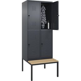 C+P Doppelstock-Spind Classic PLUS Sitzbank, 2 Abteile, grau, B 800 mm, Sicherheits-Drehriegel, untergebaut, Buche-Hartholz