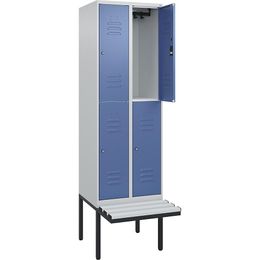 C+P Doppelstock-Spind Classic PLUS Sitzbank, 2 Abteile, lichtgrau / fernblau, B 600 mm, Zylinderschloss, auskragend, Kunststoff