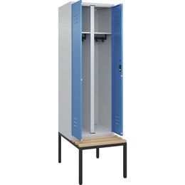 C+P Schwarz-Weiß-Spind Classic PLUS Sitzbank, 1 Abteil, lichtgrau / lichtblau, B 600 mm, Zylinderschloss, untergebaut, Buche-Hartholz