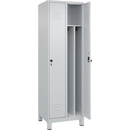 C+P Schwarz-Weiß-Spind Classic PLUS, schmal, 2 Abteile, Trennwand verkürzt, lichtgrau, B 600 mm, mit Füßen, Drehriegel, Trennwand mittig