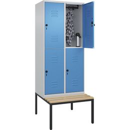 C+P Doppelstock-Spind Classic PLUS Sitzbank, 2 Abteile, lichtgrau / lichtblau, B 800 mm, Sicherheits-Drehriegel, untergebaut, Buche-Hartholz