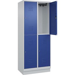 C+P Doppelstock-Spind Classic PLUS, 2 Abteile, lichtgrau / enzianblau, HxB 1950 x 800 mm, mit Bodensockel, Zylinderschloss