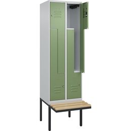 C+P Z-Spind Classic PLUS Sitzbank, 2 Abteile, lichtgrau / resedagrün, B 600 mm, Zylinderschloss, auskragend, Buche-Hartholz