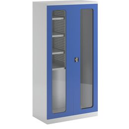 Geräte- und Putzmittelschrank, Breite 1000 mm, Sichtfenstertüren / 1 Regalbox, lichtgrau / enzianblau kaiserkraft