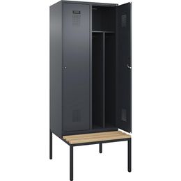 Schwarz-Weiß-Spind Evolo PLUS Sitzbank, schmal, 2 Abteile, Trennwand verkürzt, grau, B 800 mm, Zylinderschloss, mit untergebauter Sitzbank, Buche kaiserkraft