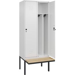 C+P Schwarz-Weiß-Spind Classic PLUS Sitzbank, schmal, 2 Abteile, Trennwand verkürzt, verkehrsweiß, B 800 mm, Sicherheits-Drehriegel, auskragend, Buche-Hartholz